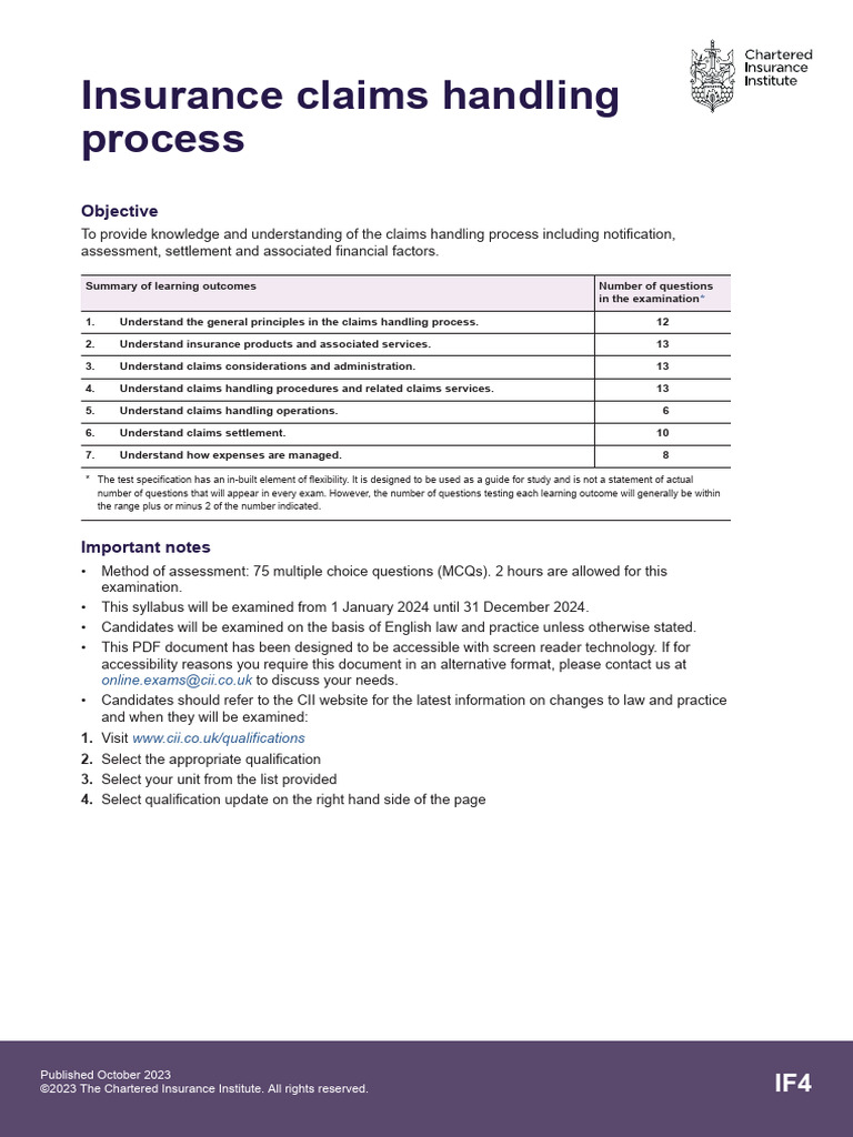 If4 Insurance Claims Handling Process Examination Syllabus | PDF | Insurance | Multiple Choice