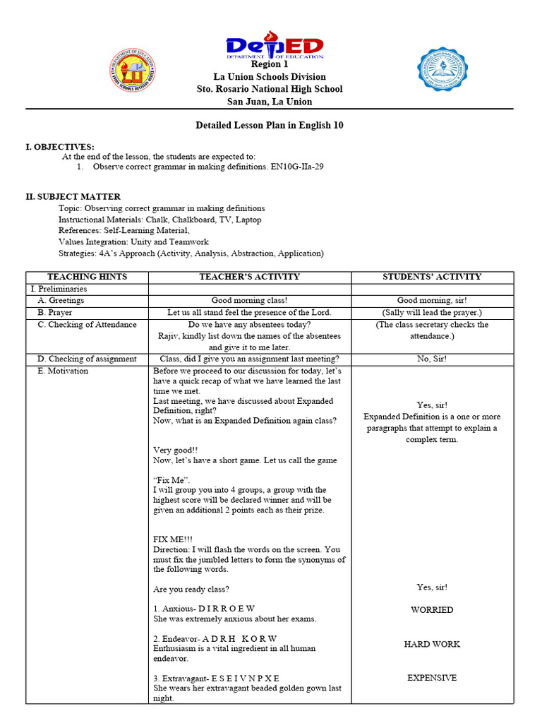 4A's Detailed Lesson Plan - Copy | PDF | Verb | Semantic Units