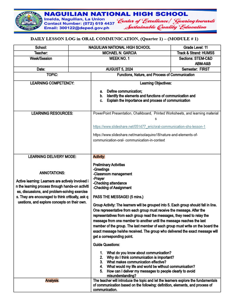 DLL Oral Com Day1 Week1 q1 | PDF | Communication | Learning