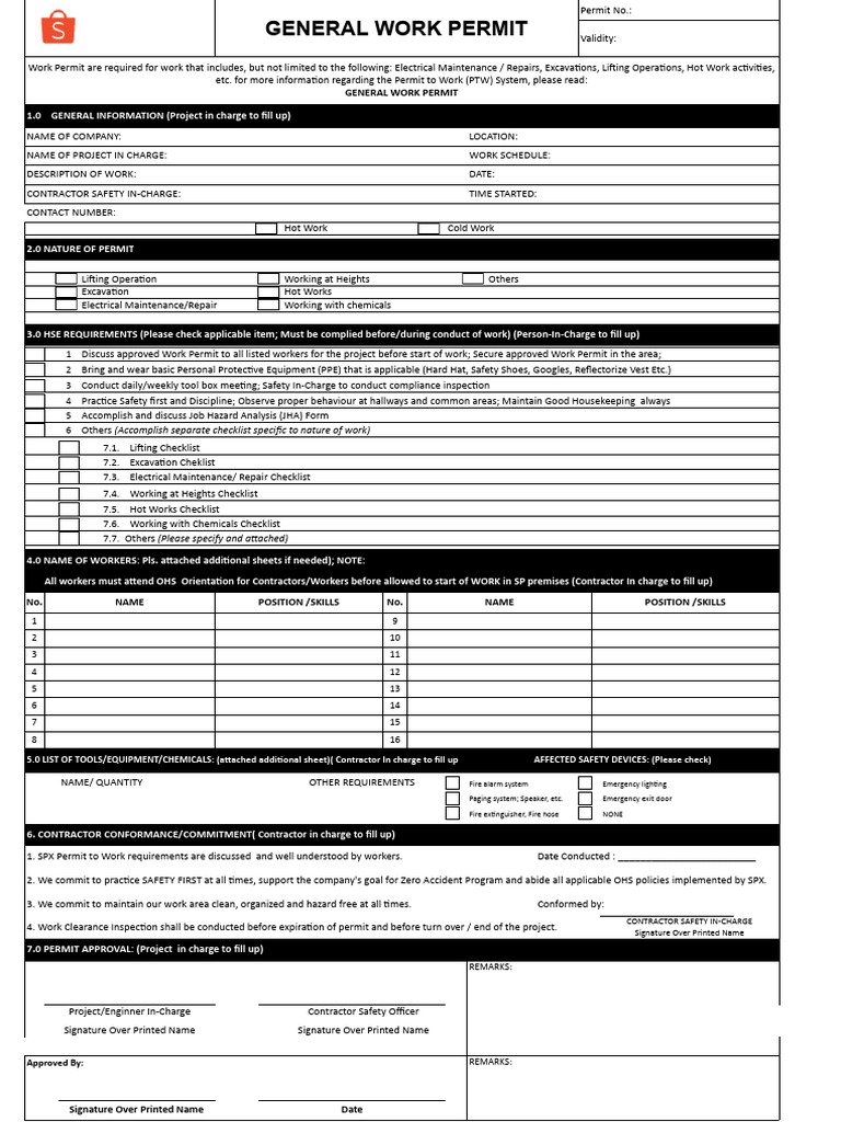 General Work Permit - XLSX - Google Sheets | PDF | Safety ...