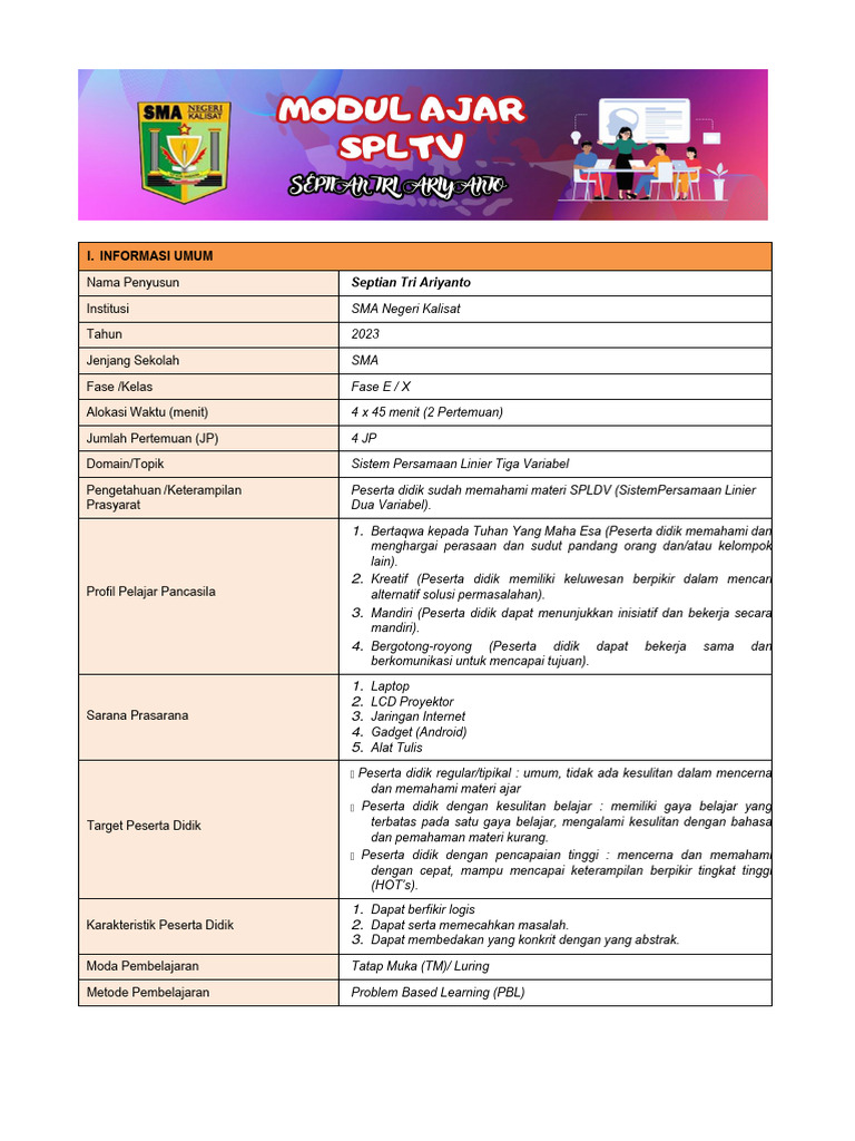 Modul Ajar Matematika1 - SPLTV | PDF