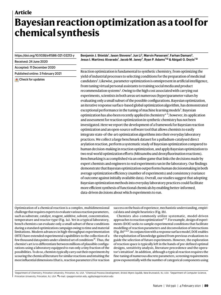 Bayesian Reaction Optimization As A Tool Forchemical Synthesis | PDF | Mathematical Optimization ...