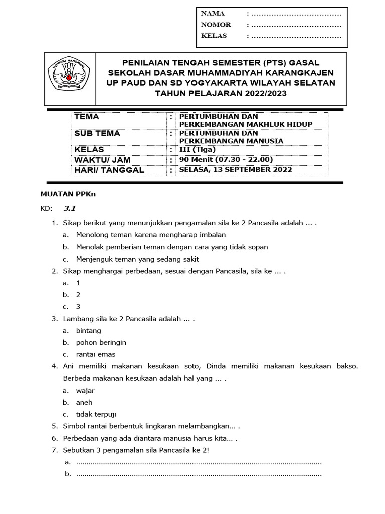 PTS Kelas 3 Tema 1 Sub 2 | PDF