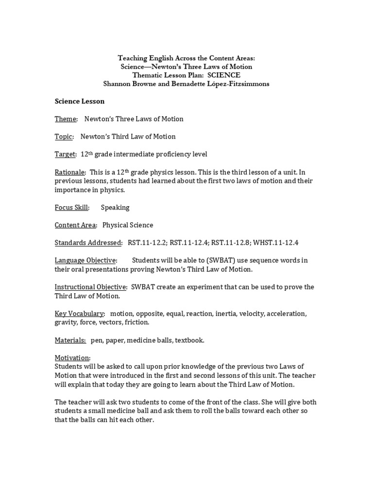 Teaching English Across the Content Areas Science Newton's Three Laws ...