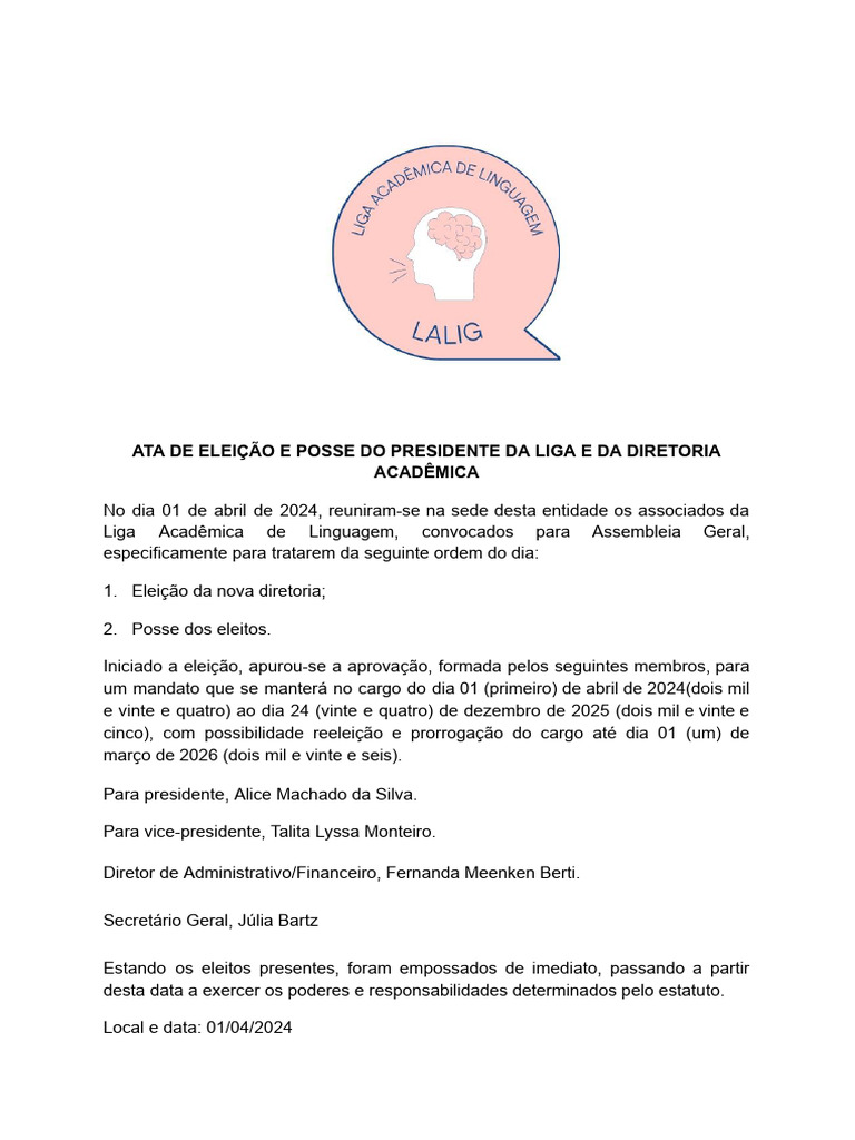 ATA DE ELEICAO E POSSE DO PRESIDENTE DA LIGA E DA DIRETORIA ACADEMICA 2024 Assinado | PDF
