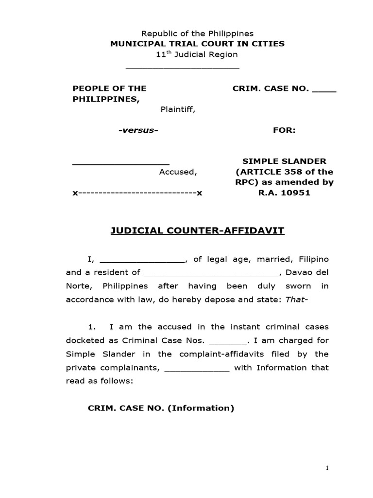Sample Judicial-Counter-Affidavit Slander | PDF | Defamation | Justice