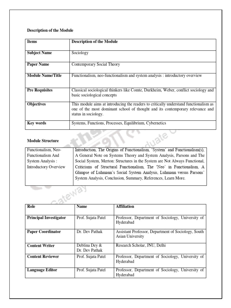 ST1 - Introductory Overview - Functionalism, Neo-Functionalism and System Analysis | PDF ...