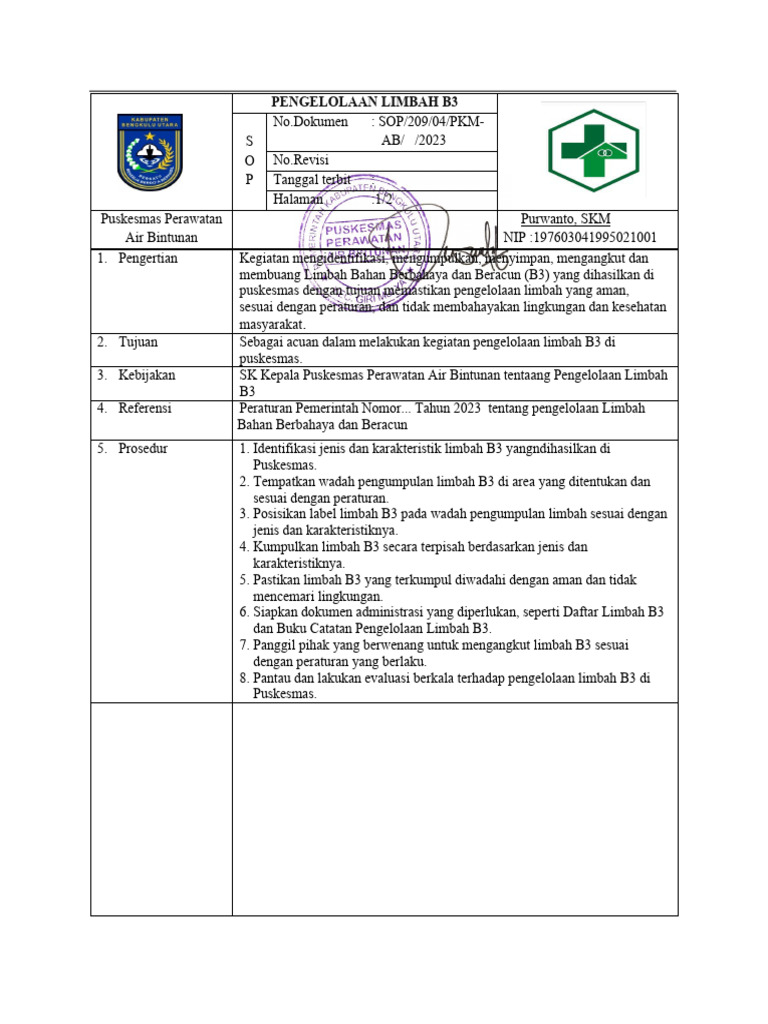 SK Dan SOP PENGELOLAAN LIMBAH B3 | PDF