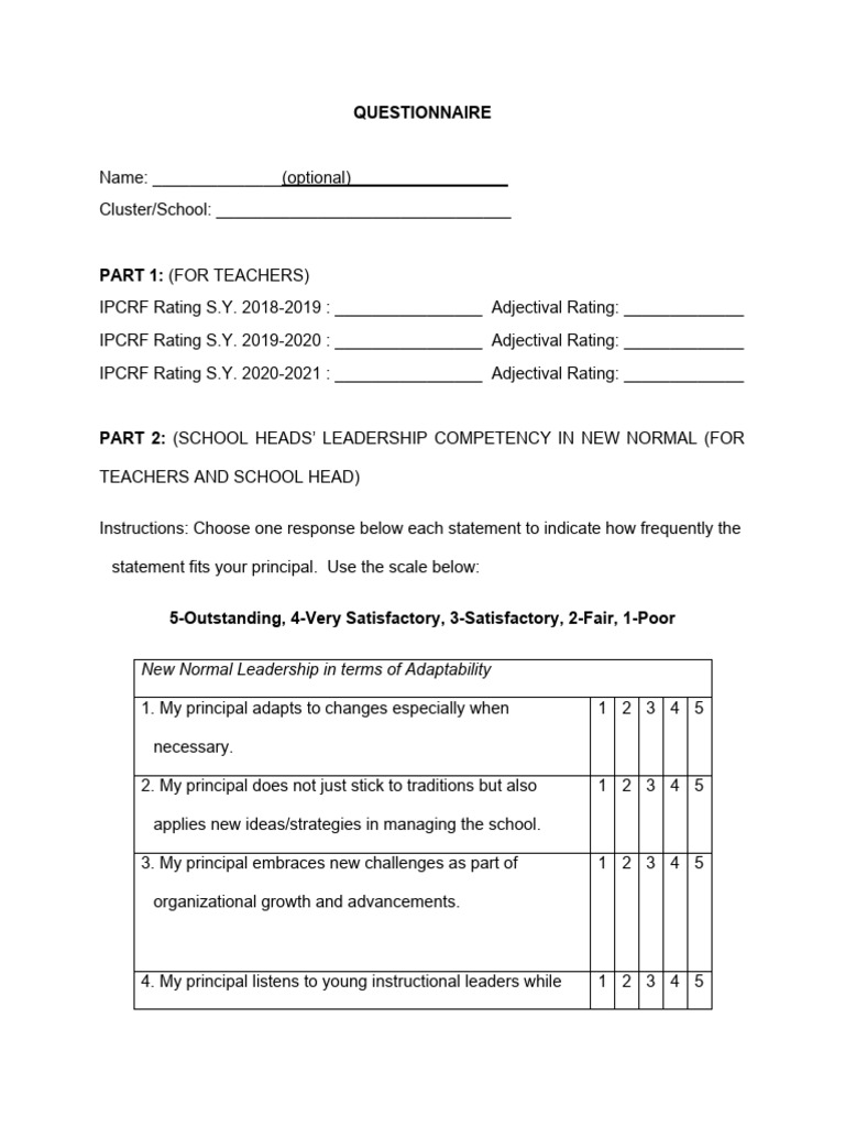 QUESTIONNAIRE (School Heads Leadership Competency in New Normal) | PDF ...