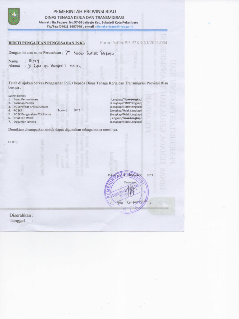 Bukti Pengajuan Pengesahan P2K3 | PDF