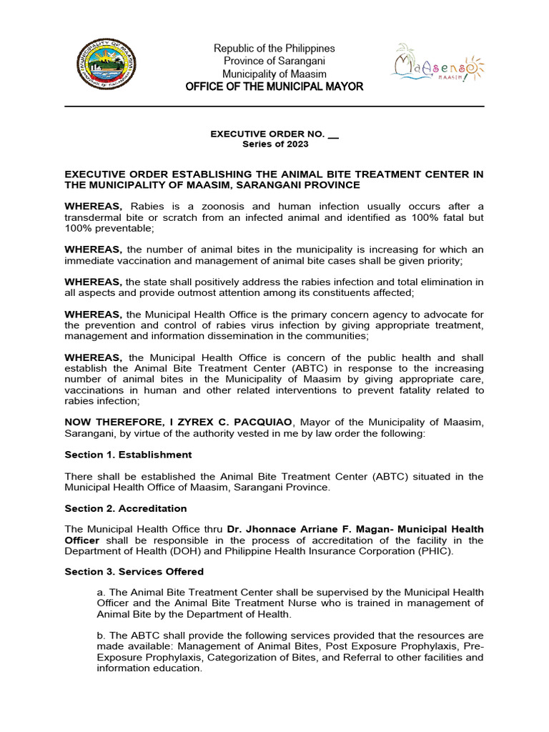 EO For ABTC | PDF | Rabies | Preventive Healthcare