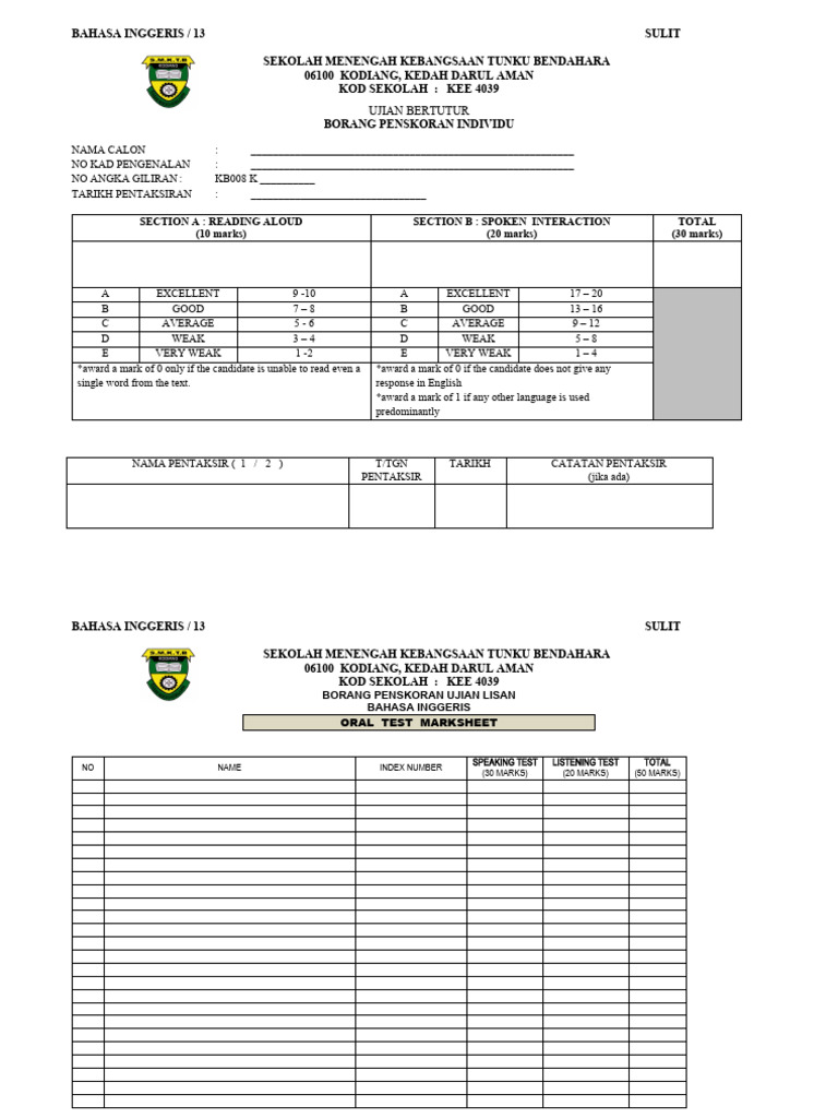 Speaking Test Individual Scoring Sheet | PDF