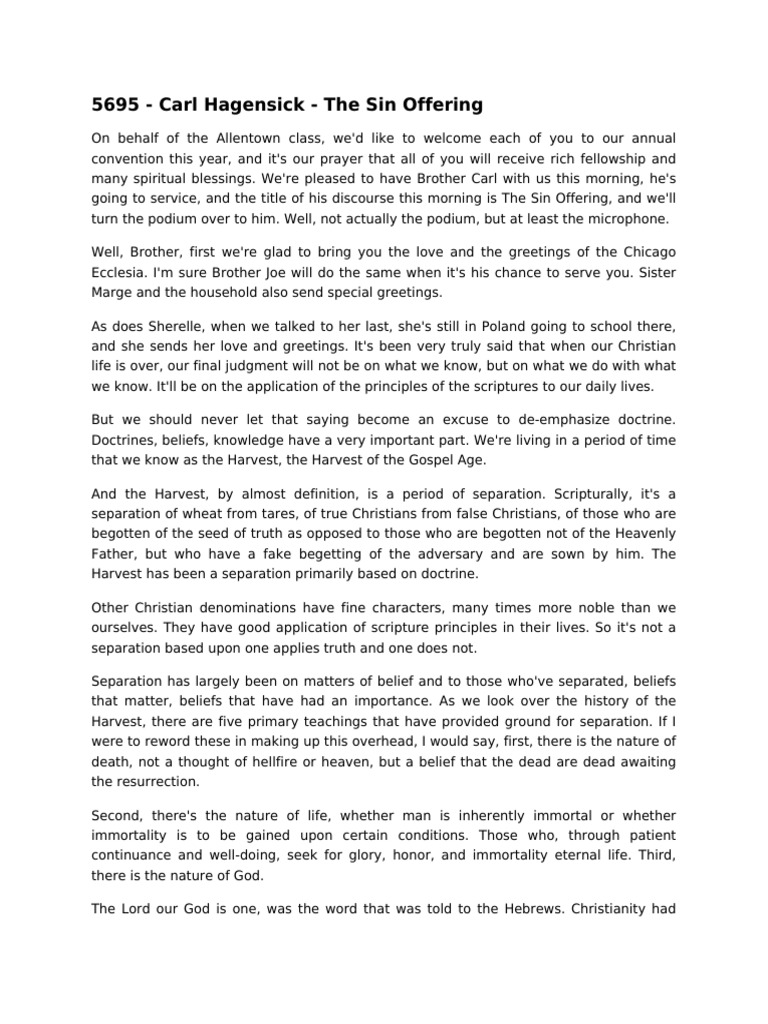 5695 - Carl Hagensick - The Sin Offering - Transcript | PDF | Jesus | New Covenant