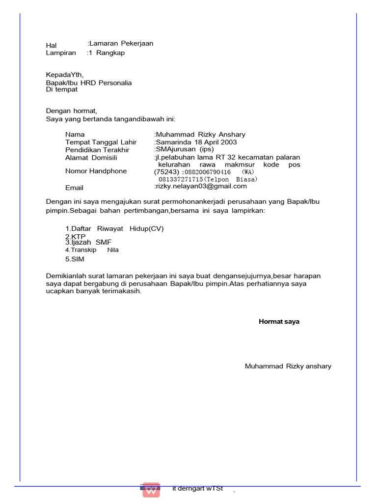 Lamaran Kerja Muhammad Rizky Anshary | PDF