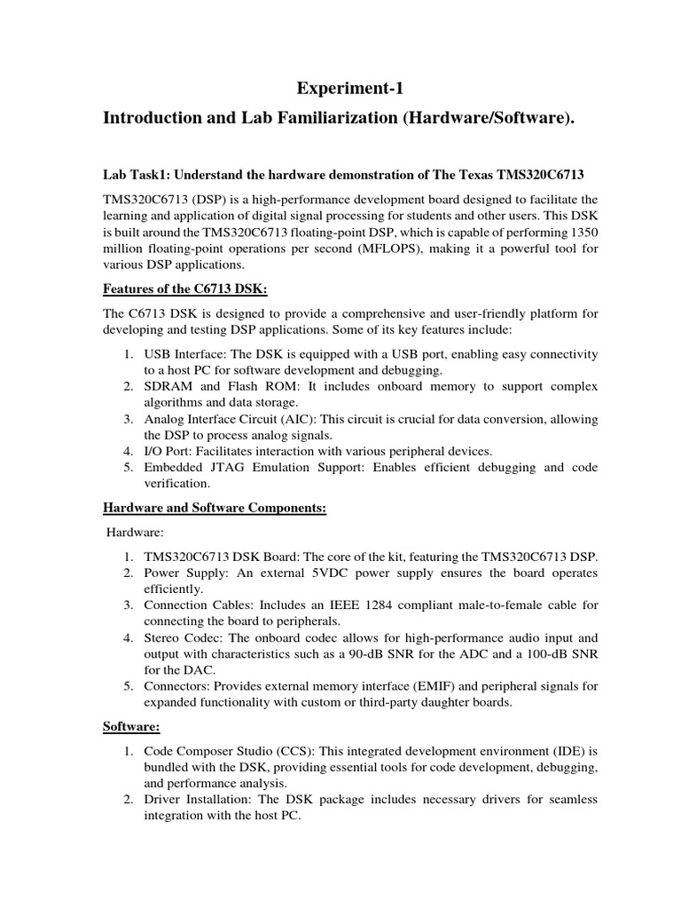 TMS320C6713 DSP Lab Guide and MATLAB Tasks | PDF | Digital Signal Processor | Software