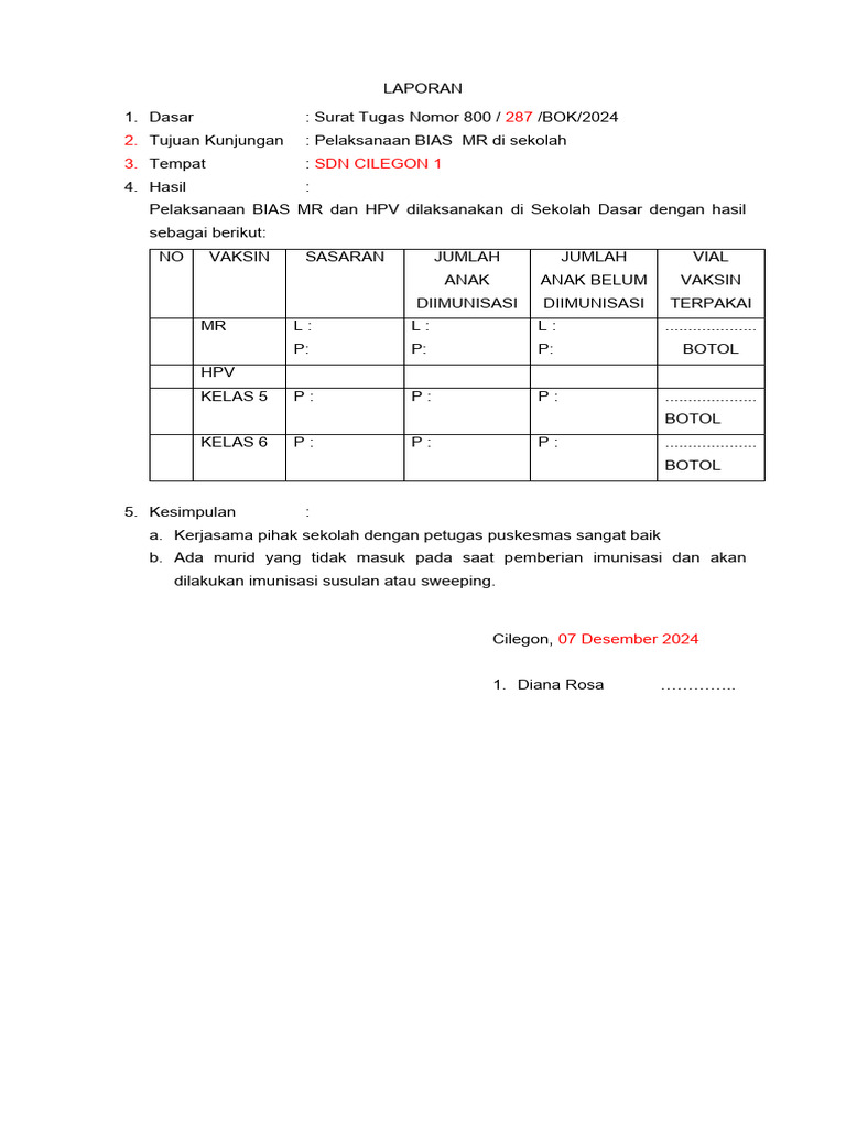Laporan Pelaksanaan Bias MR - HPV | PDF