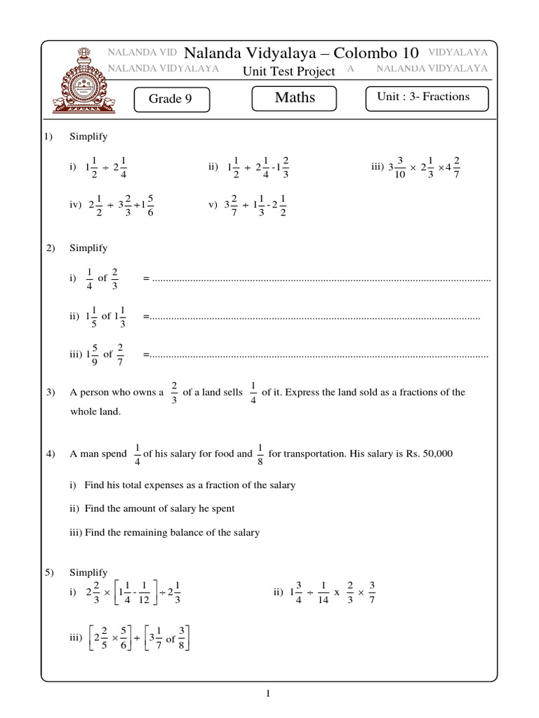 Grade 9 Fractions Unit Test | PDF