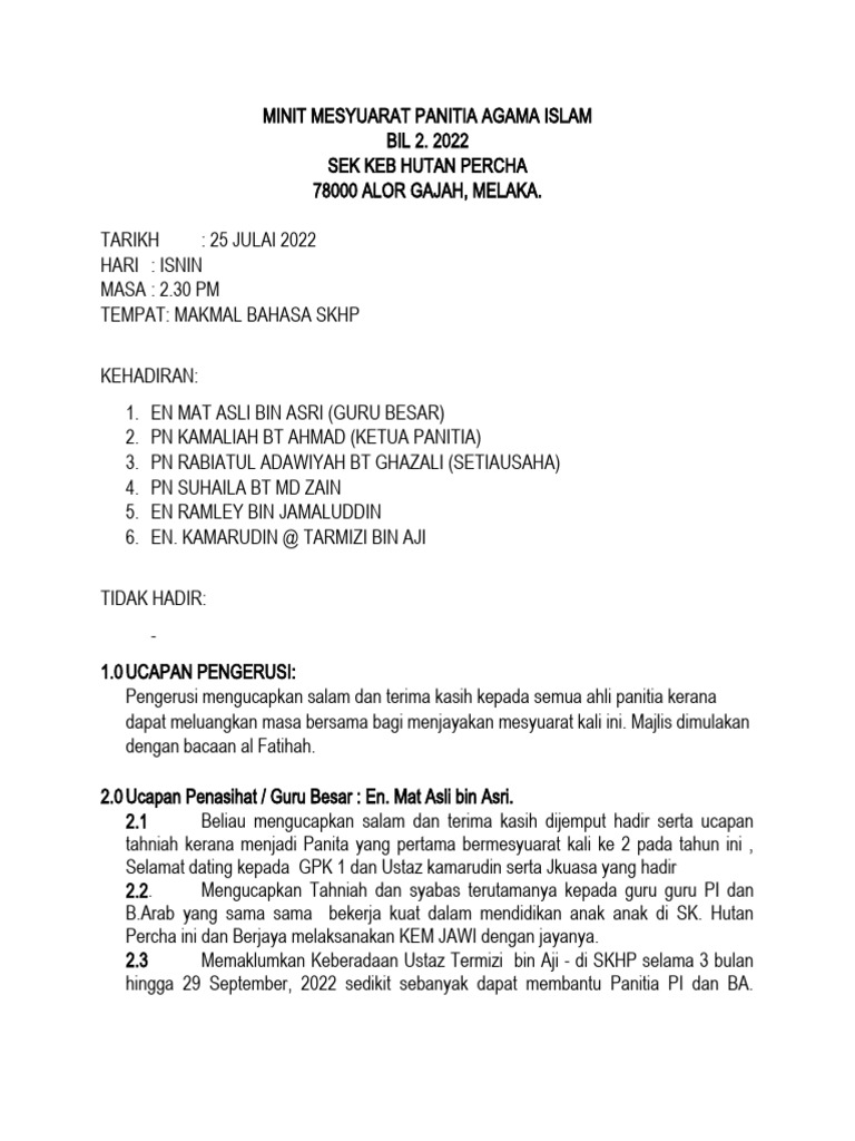 Minit Mesyuarat Panitia Agama Islam Bil 2 2022 | PDF