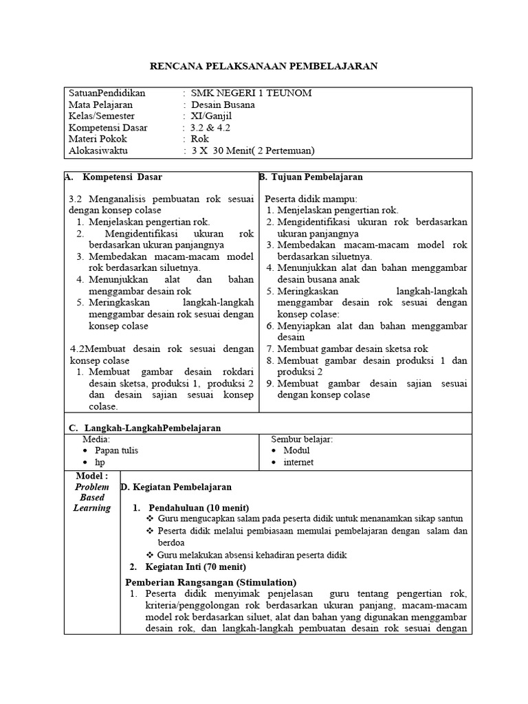 RPP Desain Busana: Pembuatan Rok | PDF | Karier & Perkembangan | Seni
