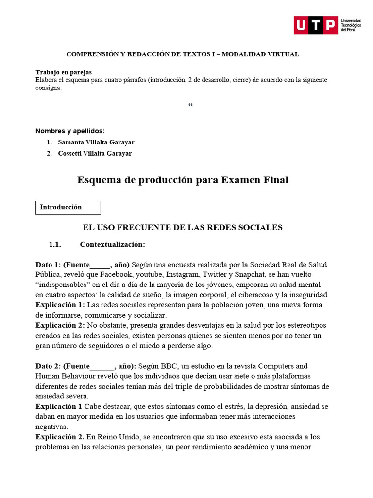 FORMATO ESQUEMA Examen Final Virtual | PDF | Depresión (estado de ánimo) | Ansiedad