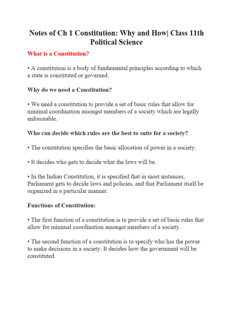 Notes of Ch 1 Constitution Why and How | PDF | Constitution | Legislature