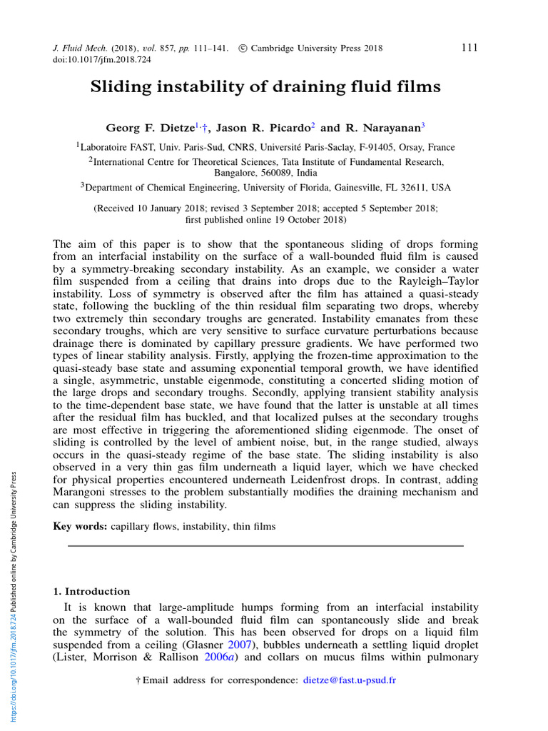 sliding-instability-of-draining-fluid-films | PDF | Viscosity | Liquids