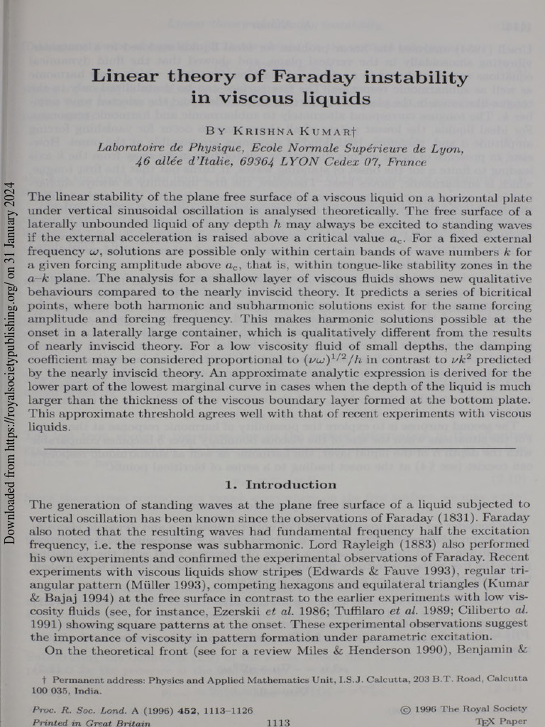 Kumar 1997 Linear Theory of Faraday Instability in Viscous Liquids ...