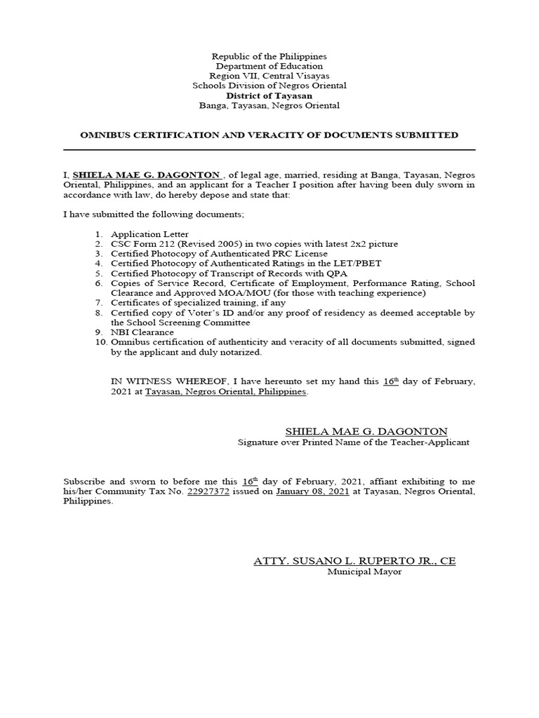 OMNIBUS CERTIFICATION | PDF | Affidavit | Civil Law (Common Law)