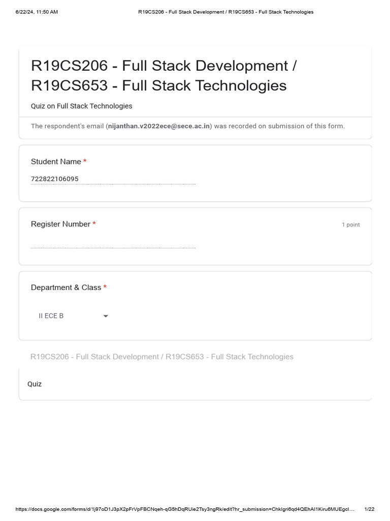R19CS206 - Full Stack Development, R19CS653 - Full Stack Technologies - Google Forms | PDF ...