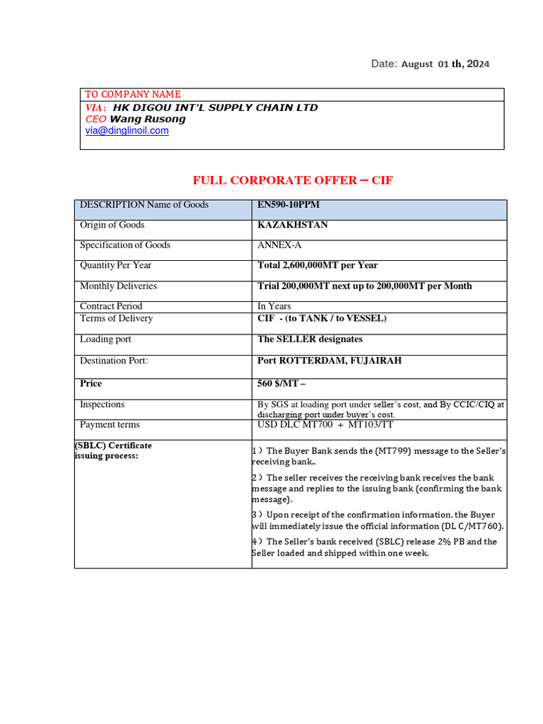 Sco - En590 - Cif - 560$ 20240801 | PDF | Letter Of Credit | Business