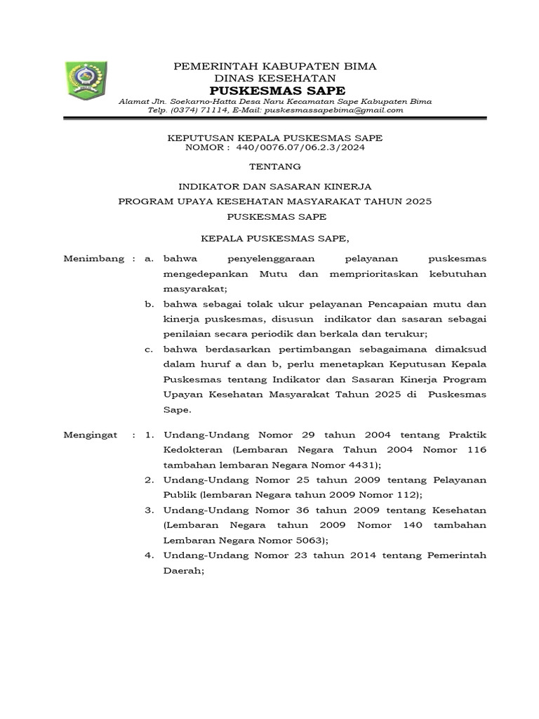 SK Indikator Dan Sasaran Program UKM Tahun 2025 PKM SAPE-1 | PDF