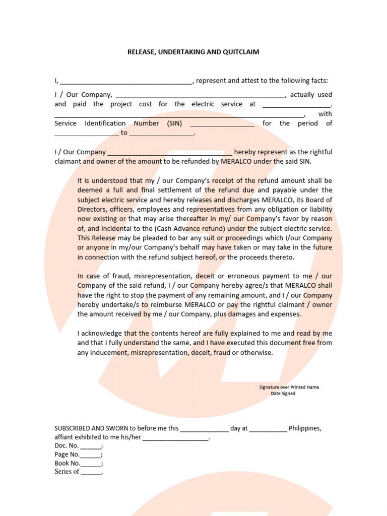 Release, Undertaking and Quitclaim Form - Ca | PDF | Finance & Money ...