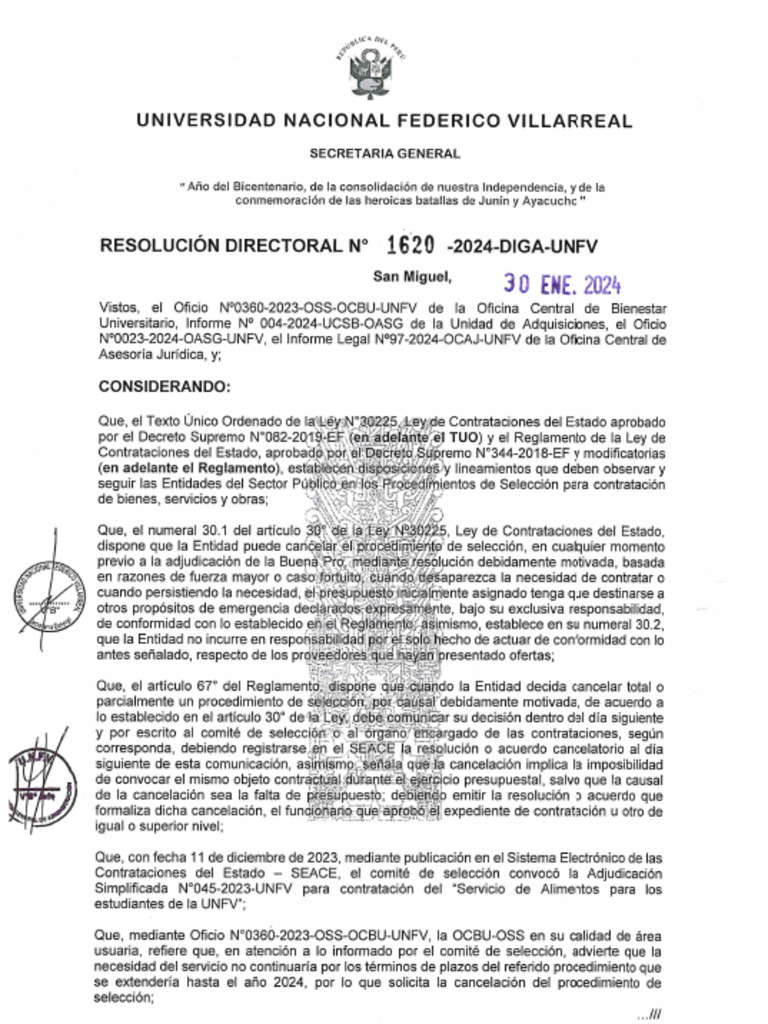 Resolucion Directoral Nro 1620 2024 DIGA UNFV | PDF
