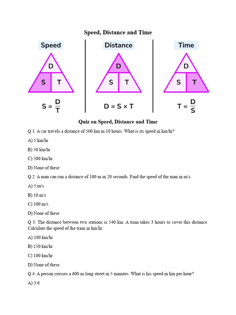 Speed, Distance, and Time Quiz | PDF | Speed | Metrology