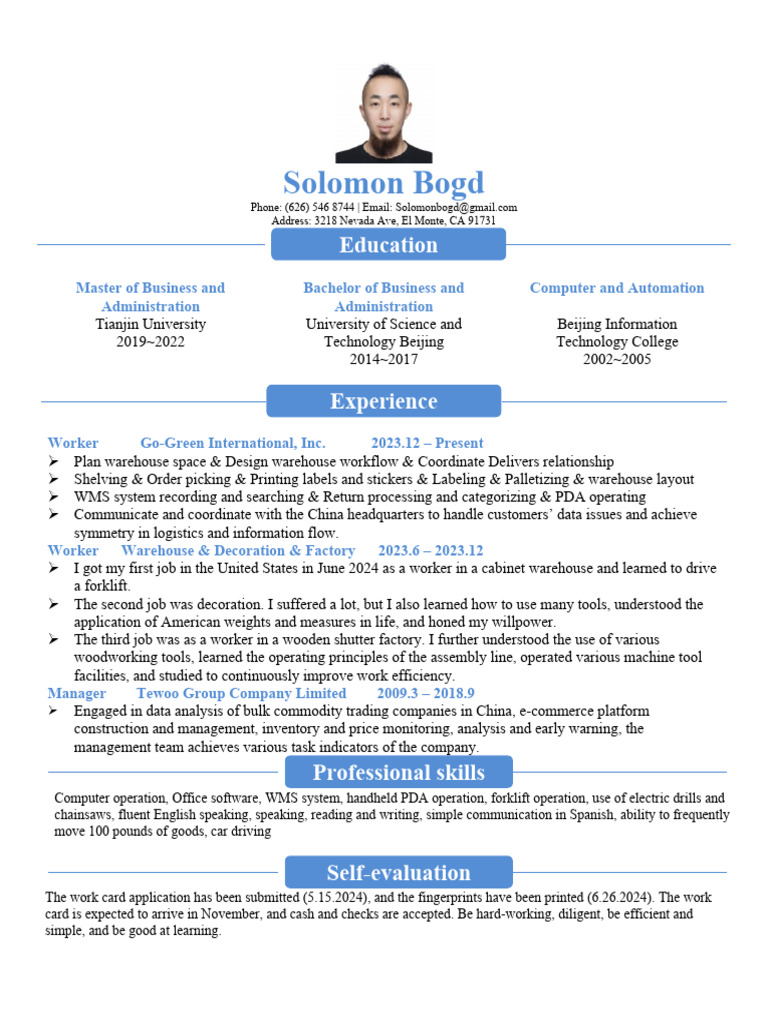Resume Solomon Bogd | PDF | Warehouse | Computing