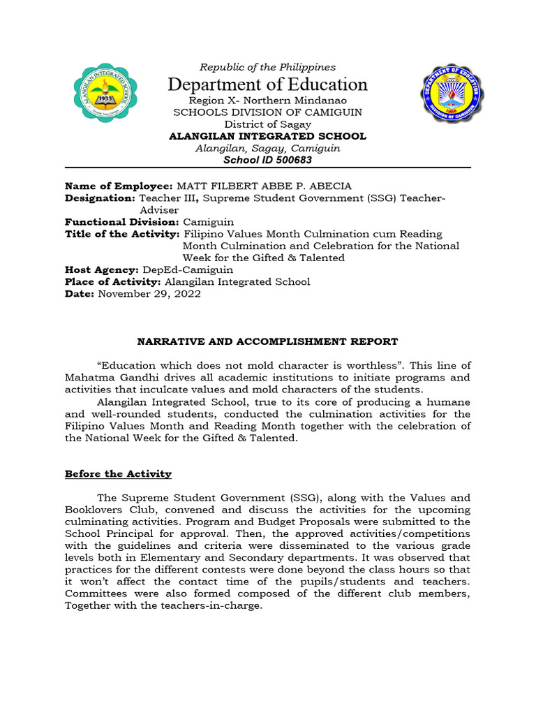 Narrative Report Values Month Reading Month National Week For The ...