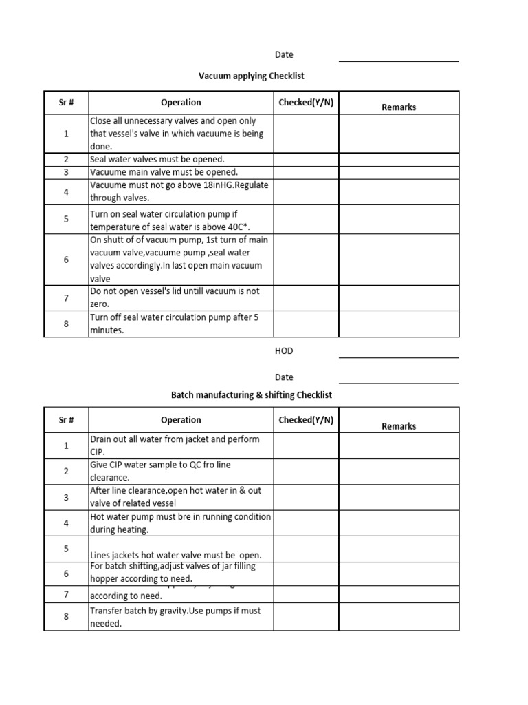 Vacuum Operation Checklist | PDF