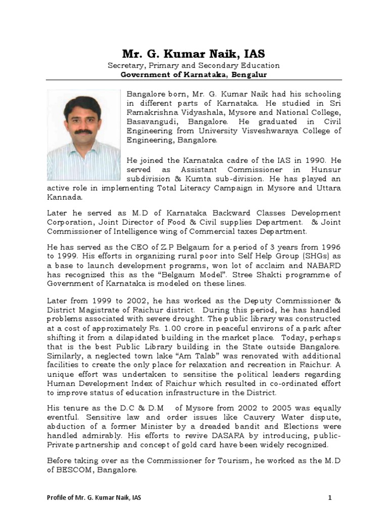Bio - Data G. Kumar Naik 14.12.11 | PDF | Bangalore | Government
