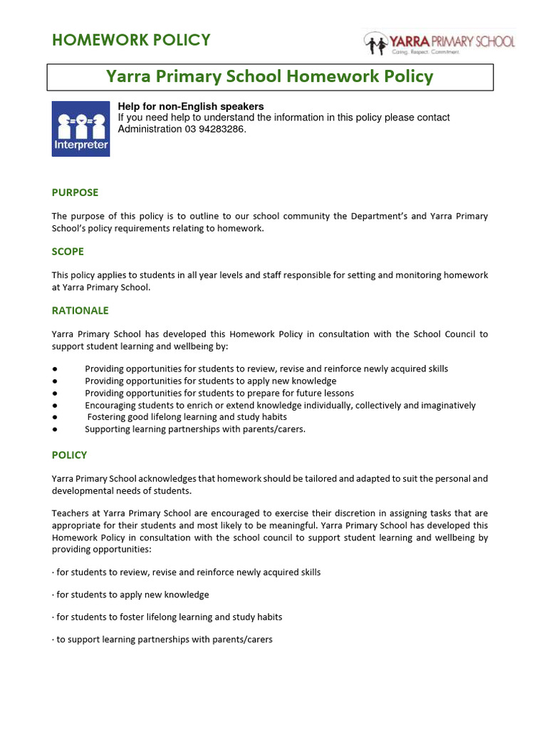 Homework Policy Yarra PS 2022 | PDF | Homework | Teachers