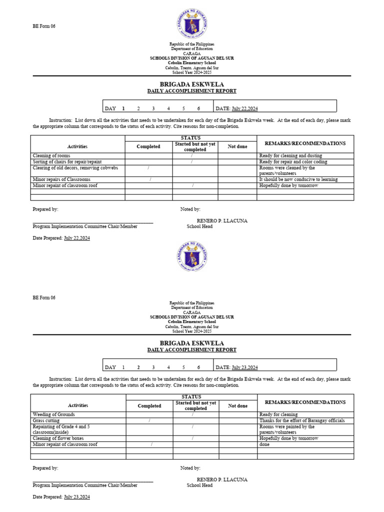 BE Form 6 DAILY ACCOMPLISHMENT REPORT | PDF