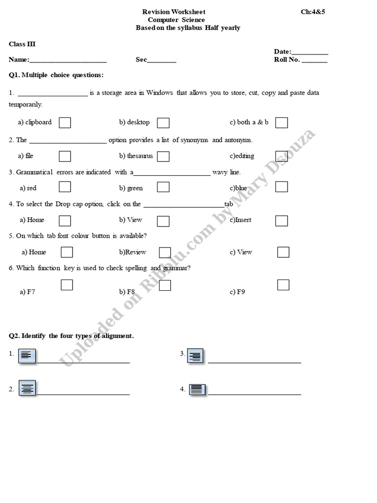 Class 3 Computers Revision Worksheet Half Yearly 2019 | PDF | Computing | Software