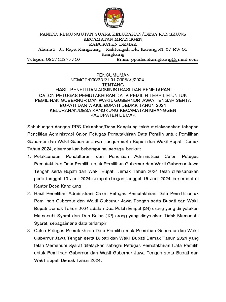 Pengumuman Petugas Pemutakhiran Data | PDF