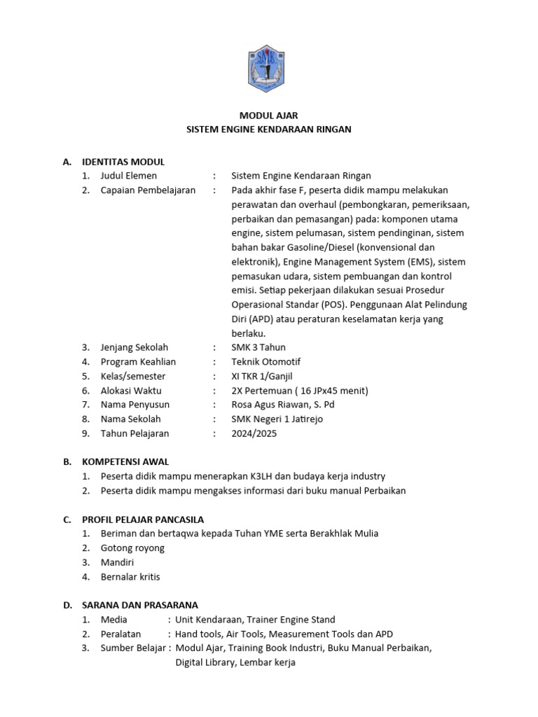 Modul Ajar Sistem Engine KR | PDF