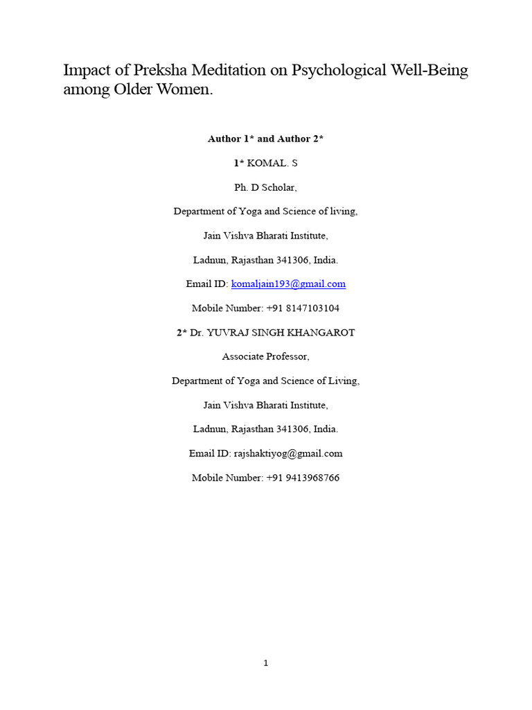 Impact of Preksha Meditation On Psychological Well-Being Among Older Women | PDF | Meditation | Mind