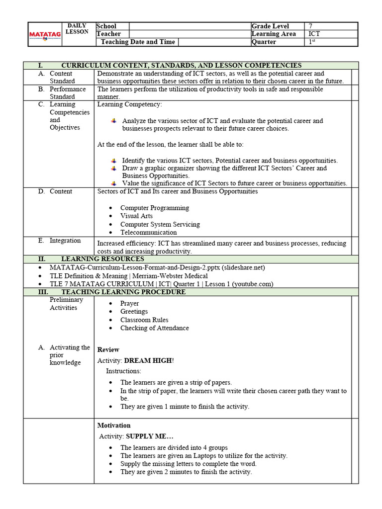 Matatag - Lesson Plan | PDF | Educational Technology | Information ...