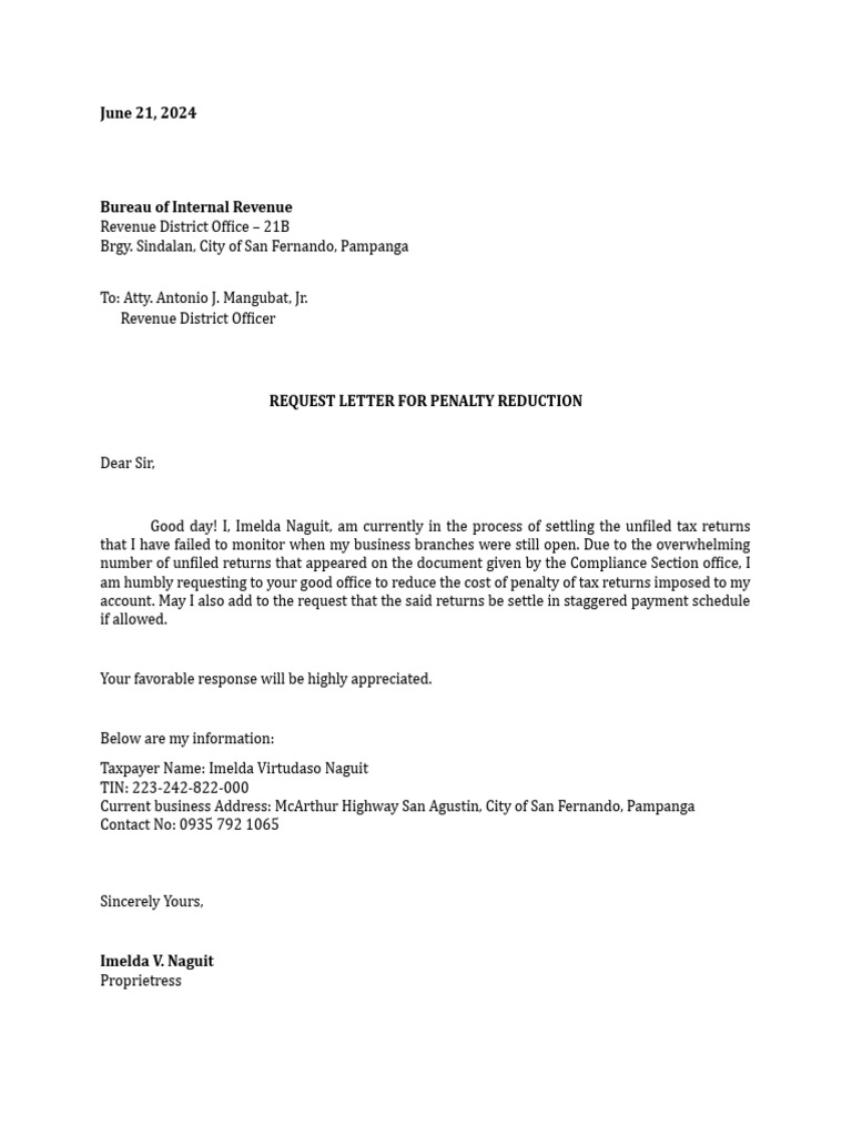Request Letter For Penalty Reduction | PDF