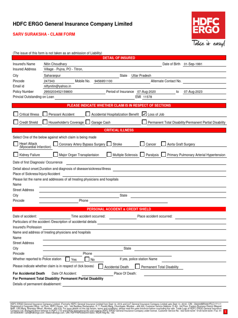 HDFC ERGO Claim Form Submission | PDF | Insurance | Cheque