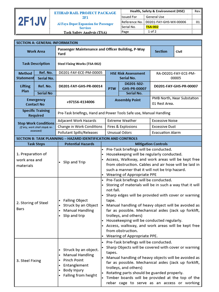 TSA-002 - Steel Fixing Works | PDF | Occupational Safety And Health ...