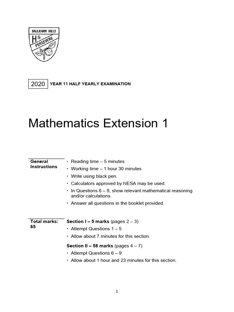 Mathematics Extension 1: Year 11 Half Yearly Examination | PDF | Function (Mathematics ...