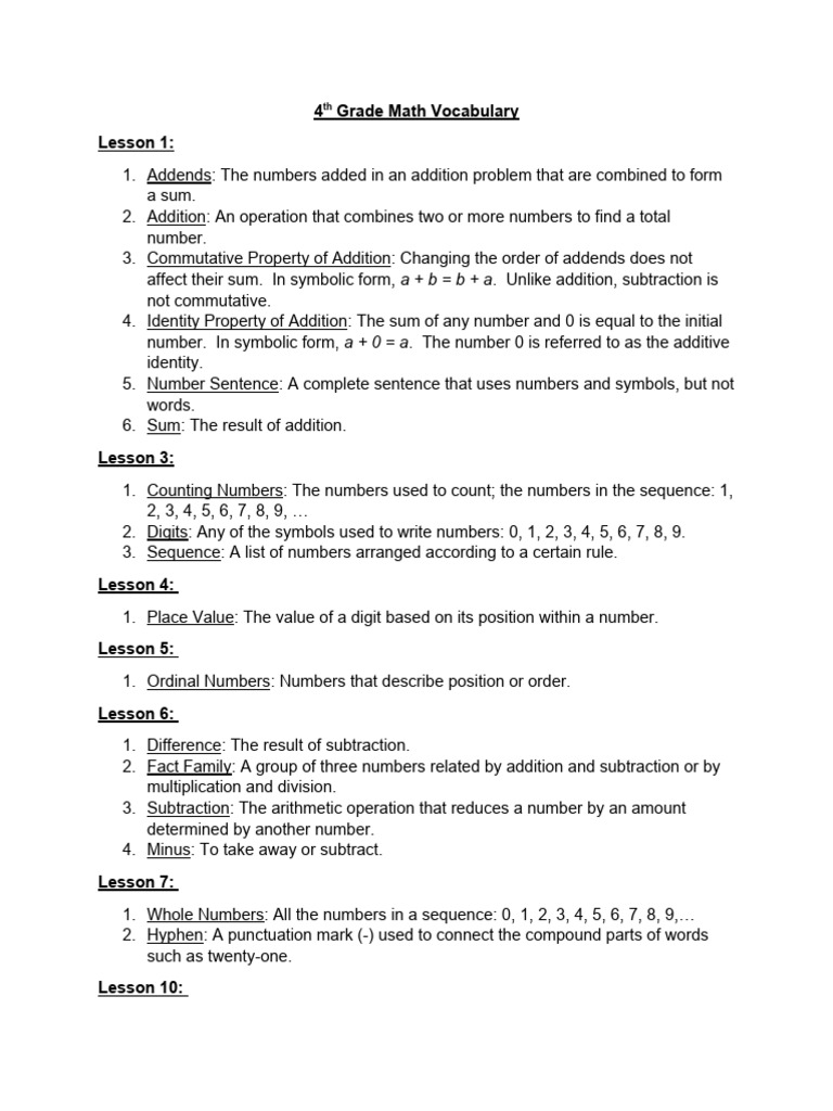 4th Grade Math Vocabulary Guide | PDF | Triangle | Shape